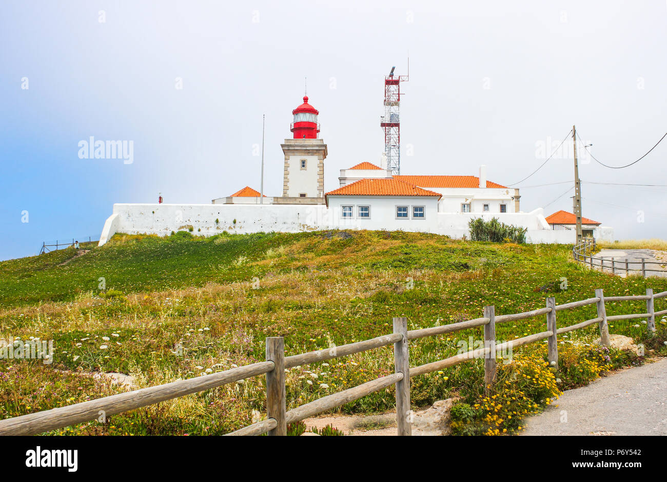 Lighthouse at Cape Roca, Sintra, Portugal with tourist people and ...