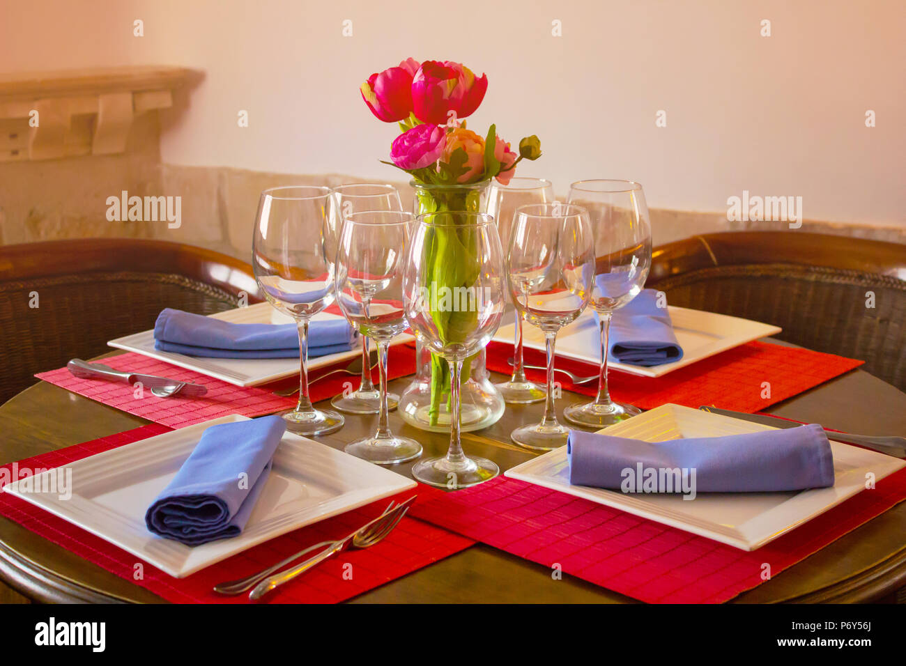 Empty glasses set in restaurant, detail of a dining table set up with ...