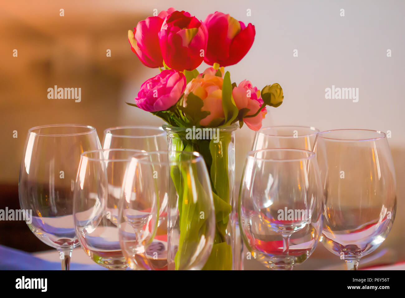 Empty glasses set in restaurant, detail of a dining table set up with ...