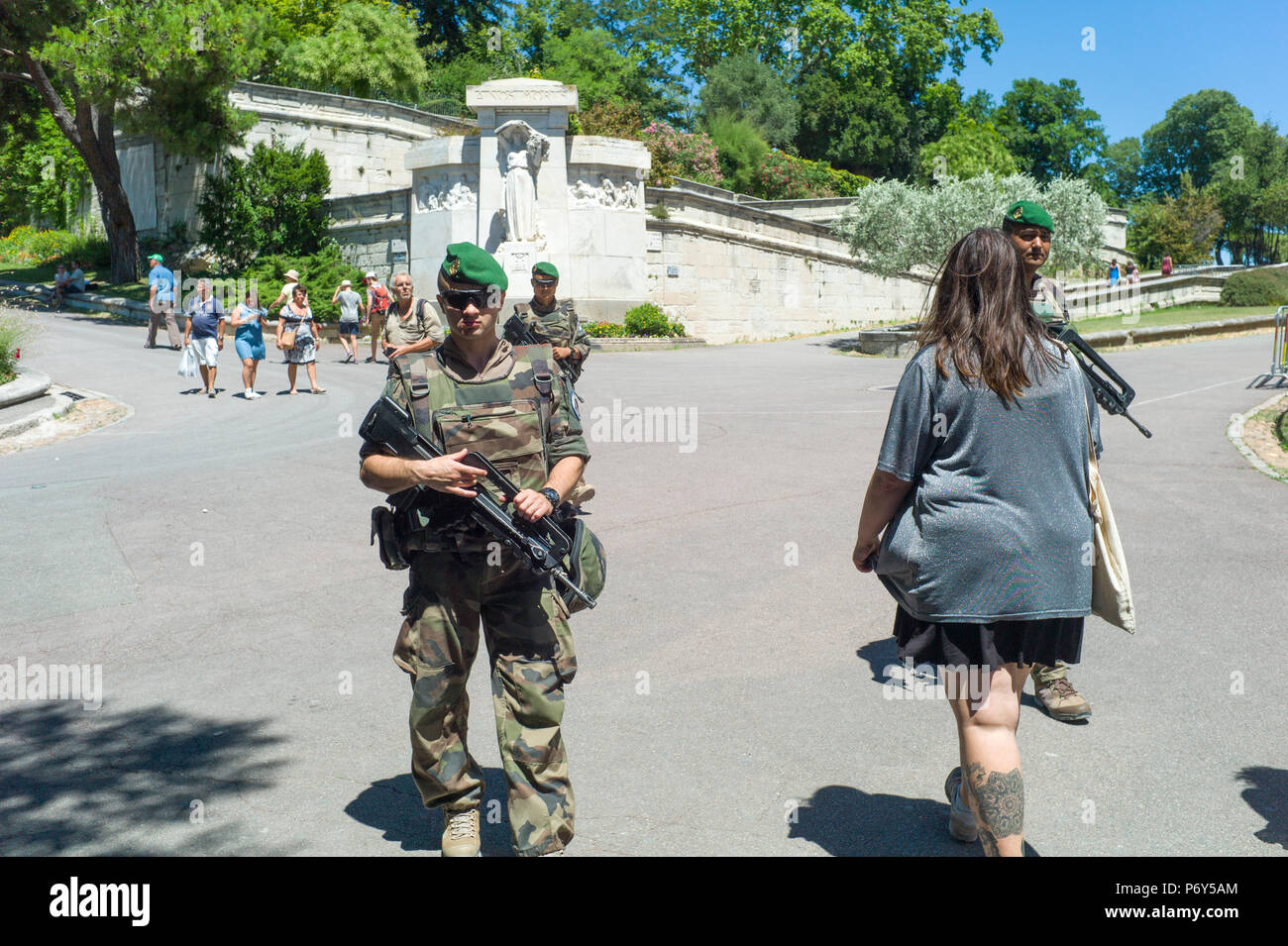 Armed French soldiers patrol the precincts of Avignon Cathedral Avignon ...