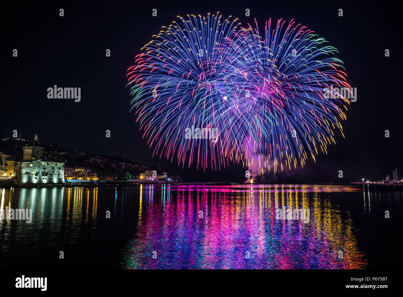 Fireworks on night city background Stock Photo - Alamy
