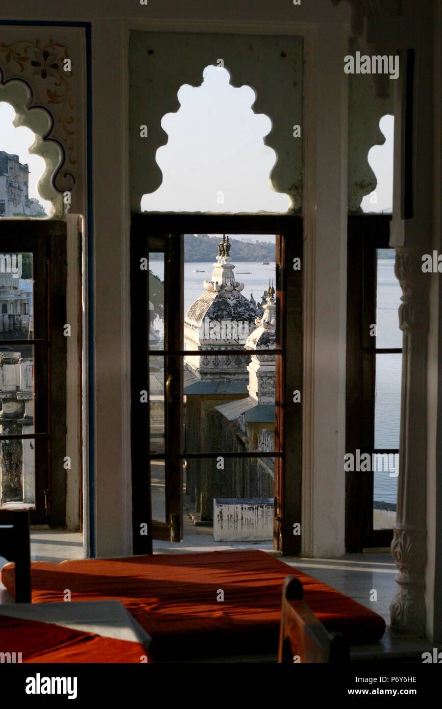 View from a window overlooking the lake In Udaipur Rajasthan, India ...