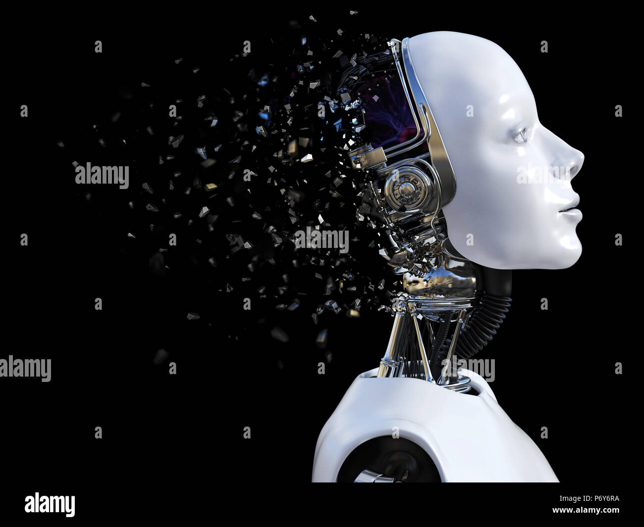 3D rendering of the head of a female robot. The head is breaking apart ...