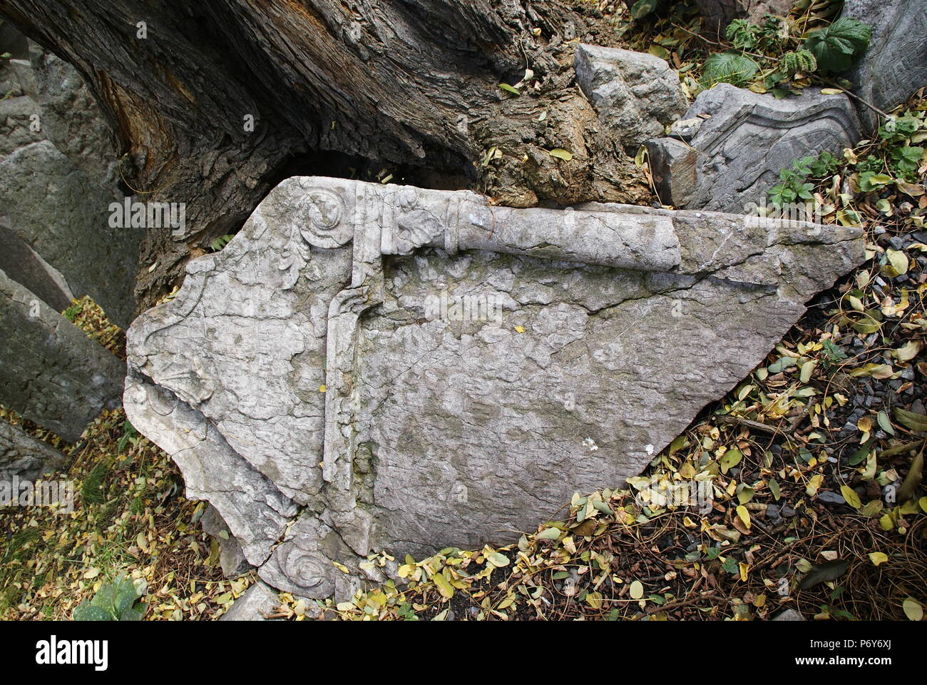 Historic old Jewish cemetery with rock tombs in Prague and broken ...