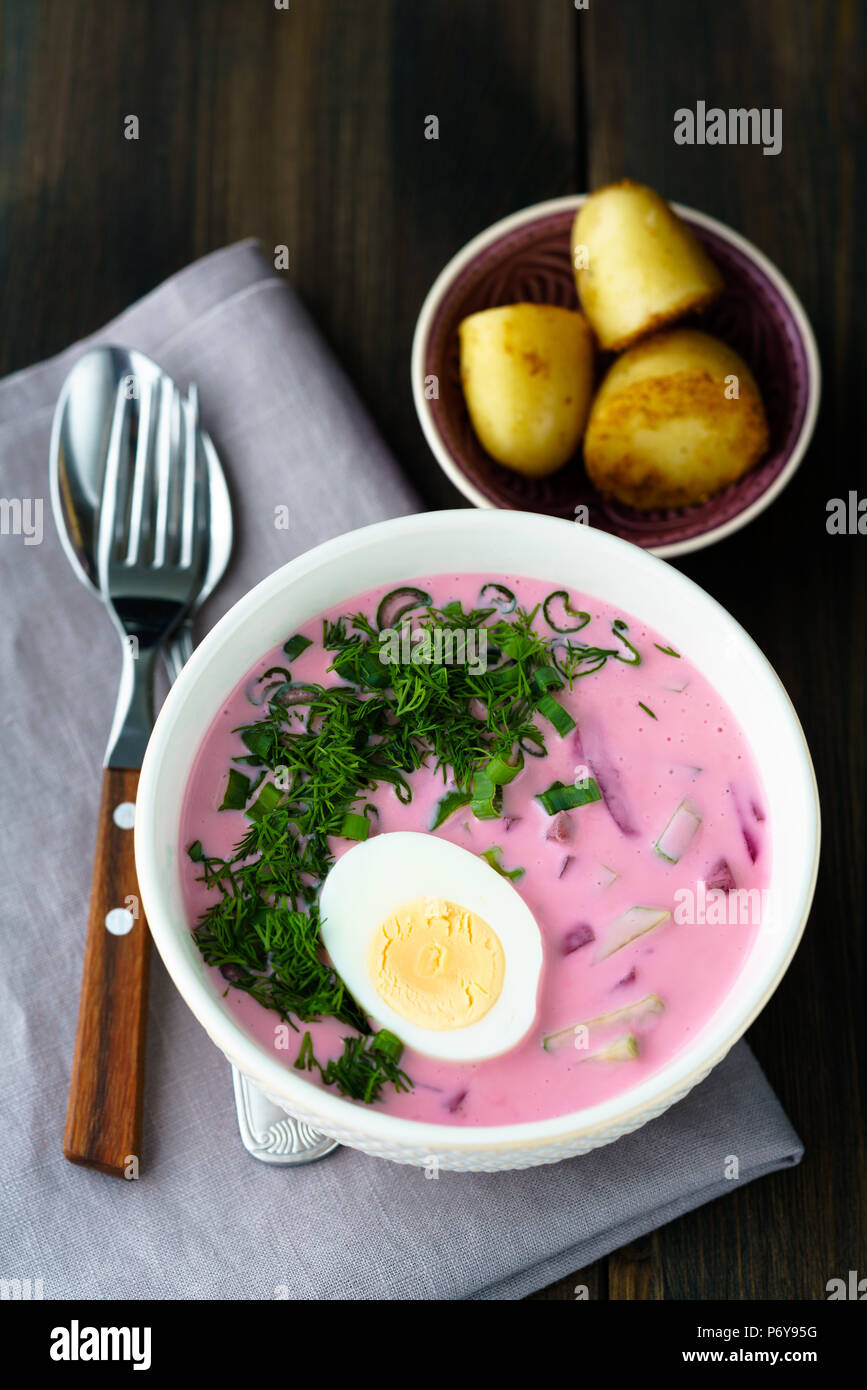Lithuanian Saltibarsciai (Cold Beet Soup) with a hard boiled egg and ...