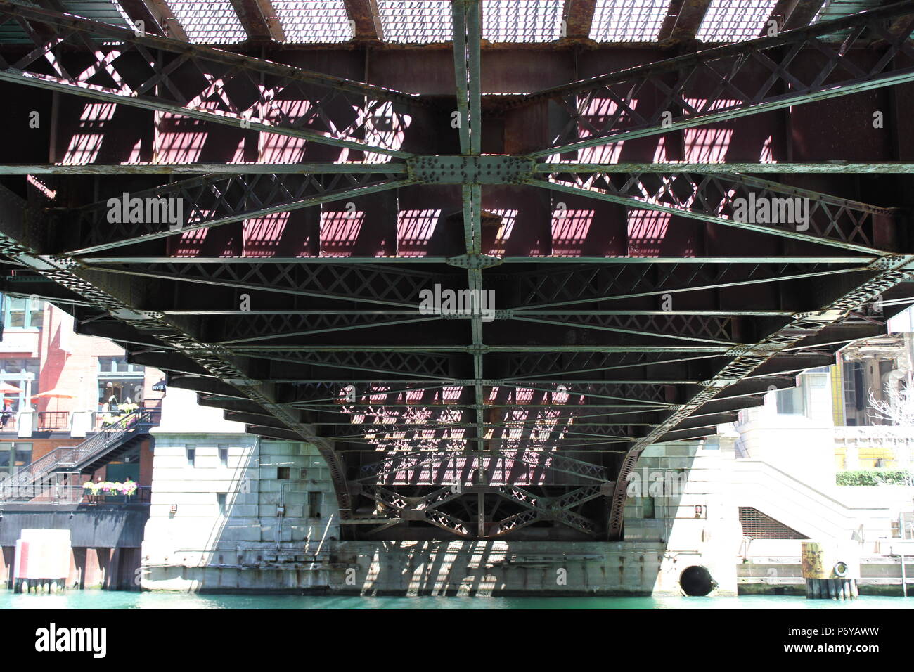 Under the Clark Street bridge at Chicago's scenic and modern downtown ...