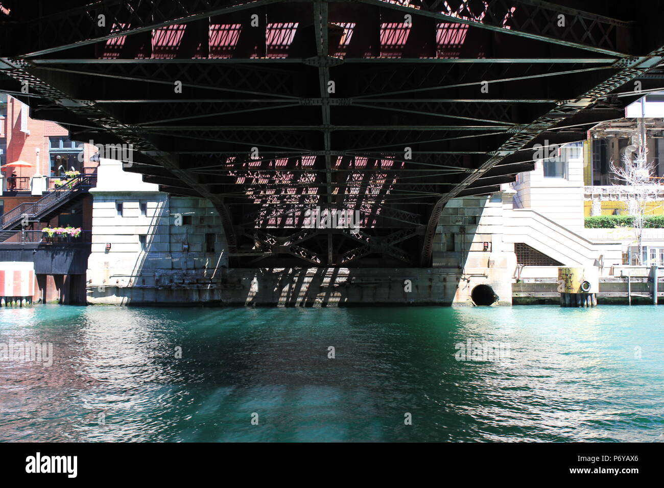 Under the Clark Street bridge at Chicago's scenic and modern downtown ...