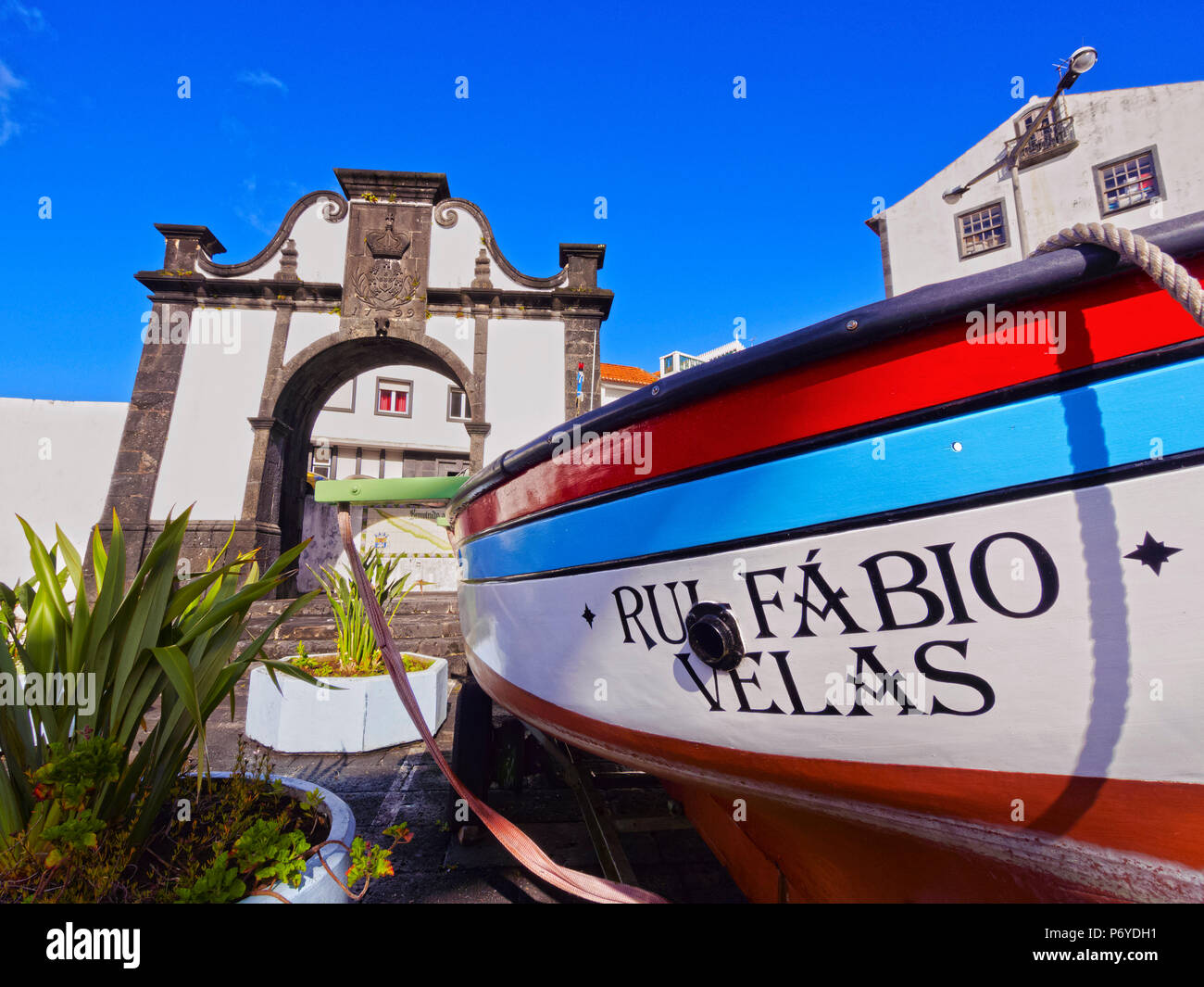 Portugal, Azores, Sao Jorge, Velas, Boat and the Portao do Mar in the ...