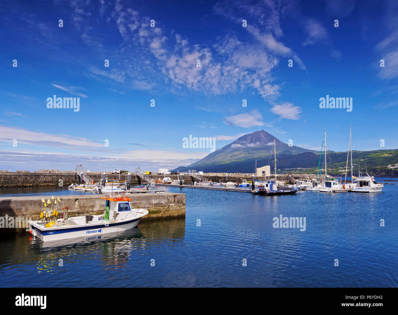 Portugal, Azores, Pico, Lajes do Pico, View of the port with Pico ...