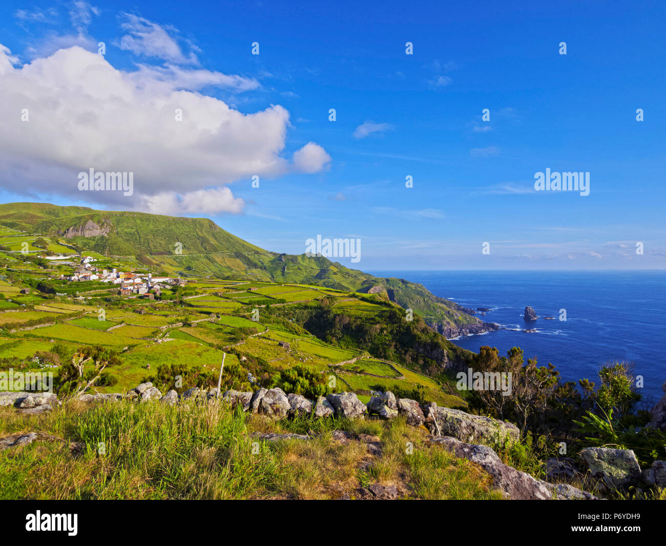 Portugal, Azores, Flores, Landscape with Mosteiro Village and Rocha dos ...