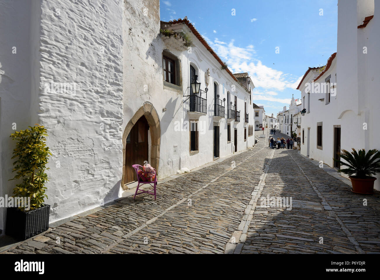 The white washed houses of the historic village of Monsaraz. Alentejo ...