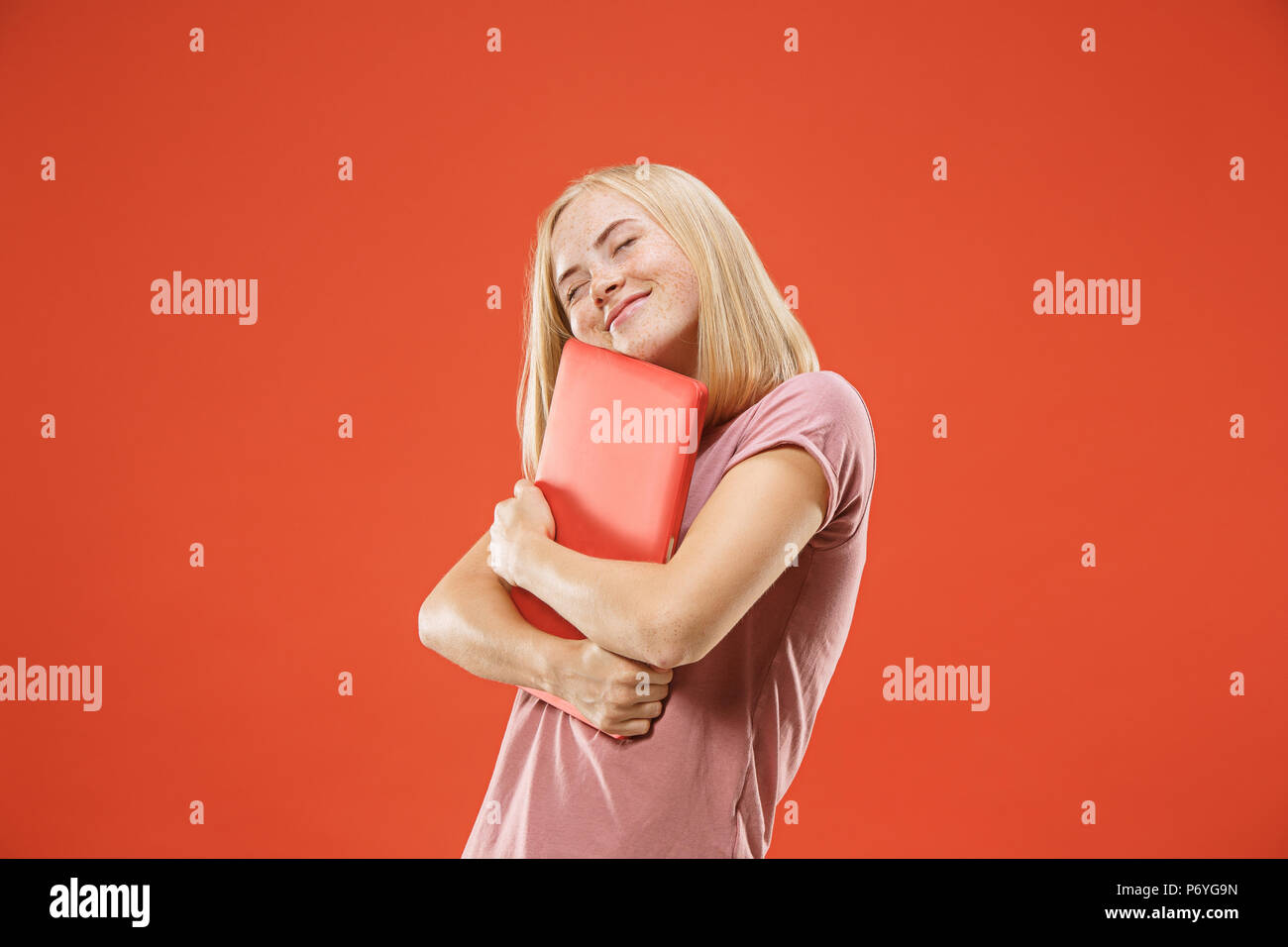 Businesswoman hugging laptop. Love to computer concept. Attractive ...