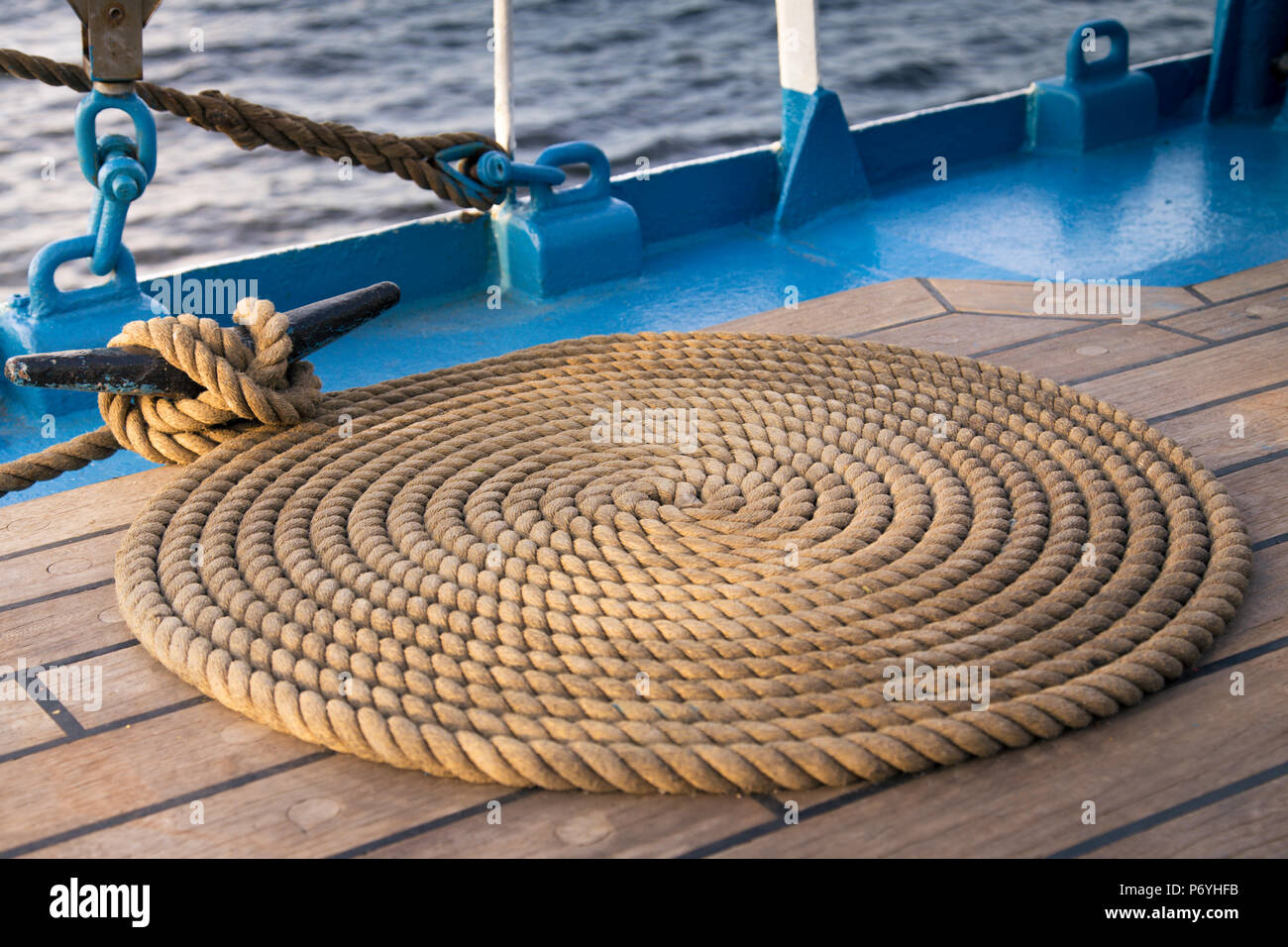 Spiral hemp rope on yacht's deck Stock Photo - Alamy