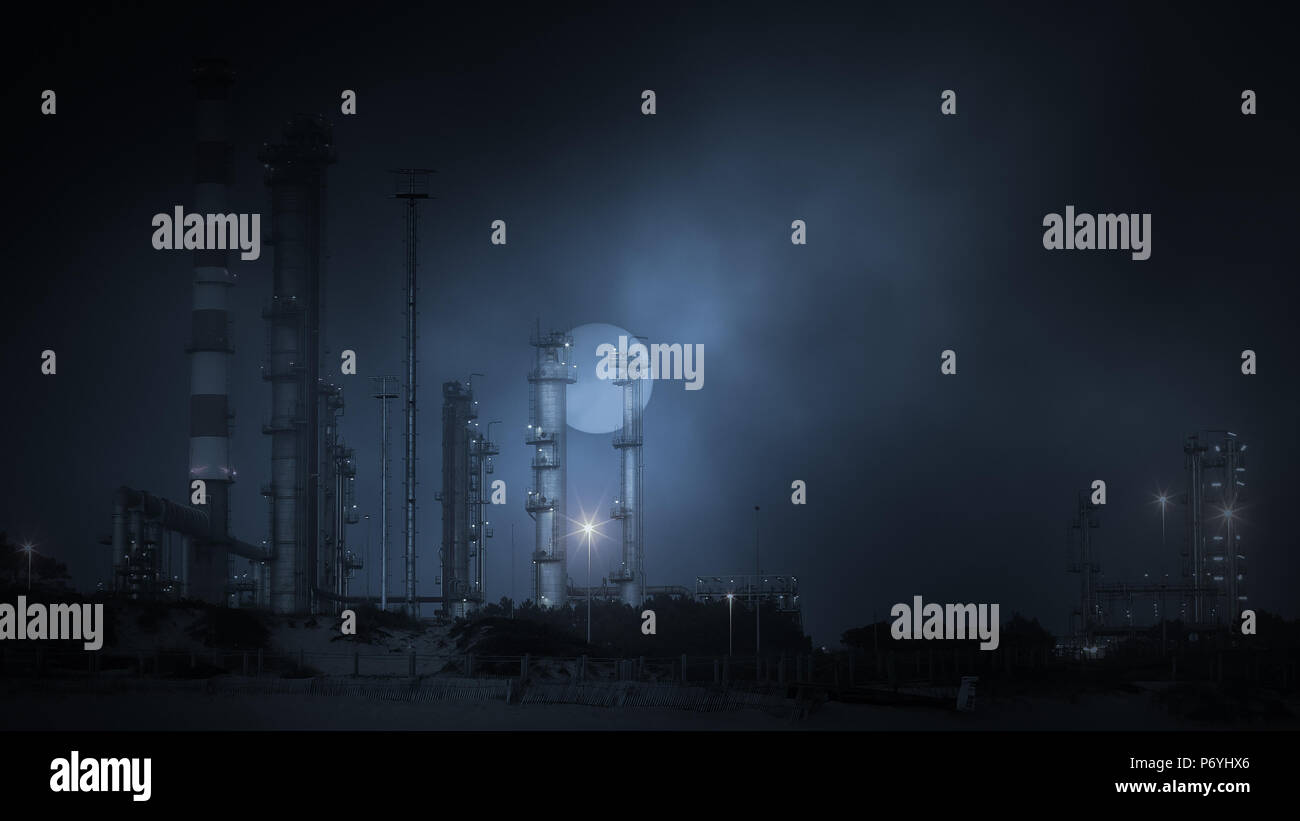 Part of a big oil refinery in a foggy full moon night Stock Photo - Alamy