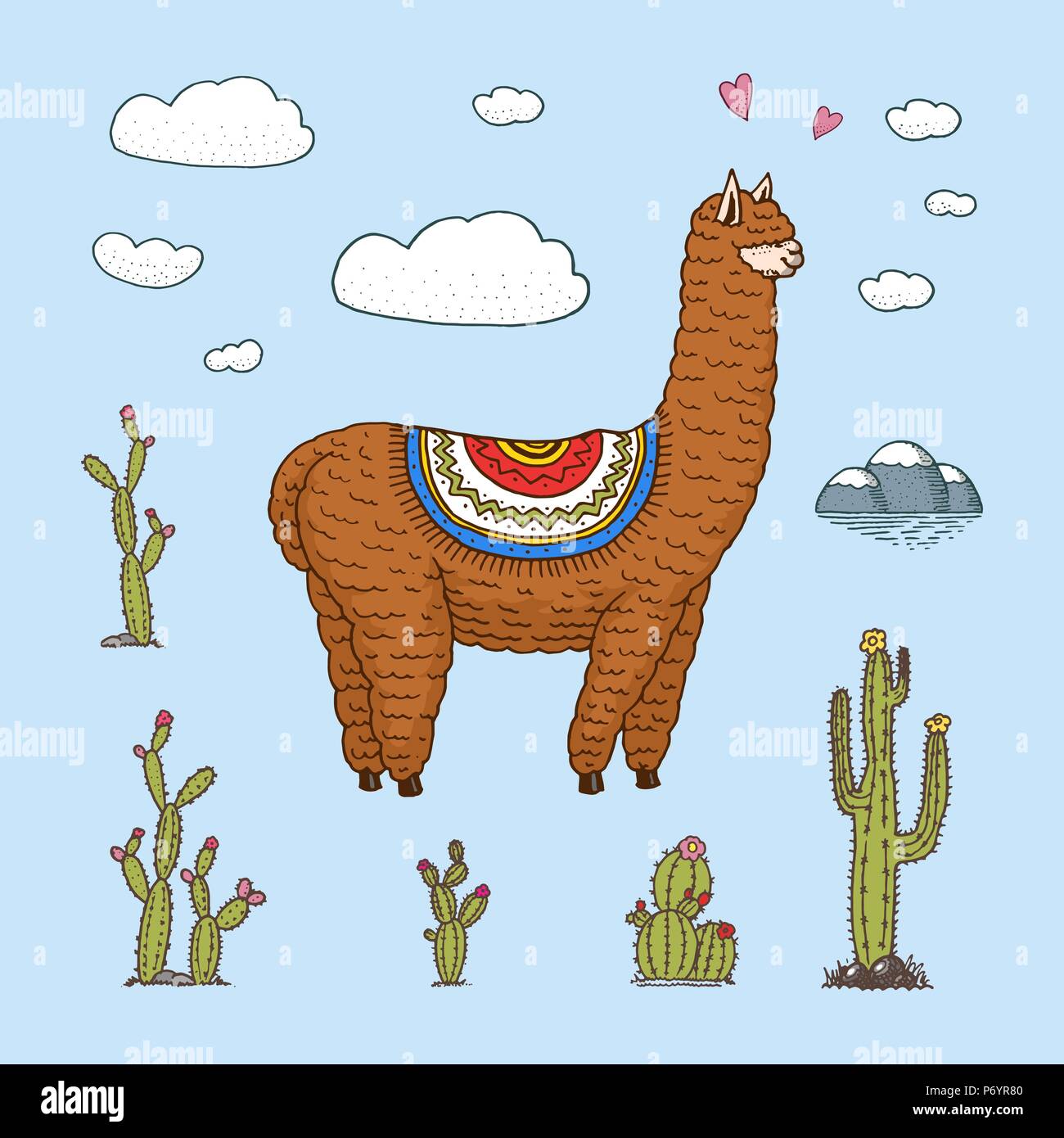 Cute Alpaca Llamas or wild guanaco on the background of Cactus and ...