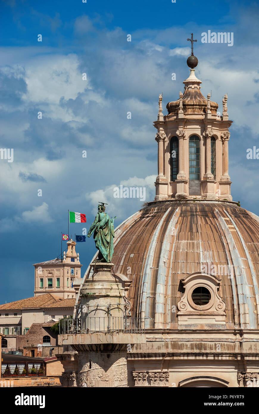 Ancient Trajan Column with St Peter statue and baroque Church of Most ...