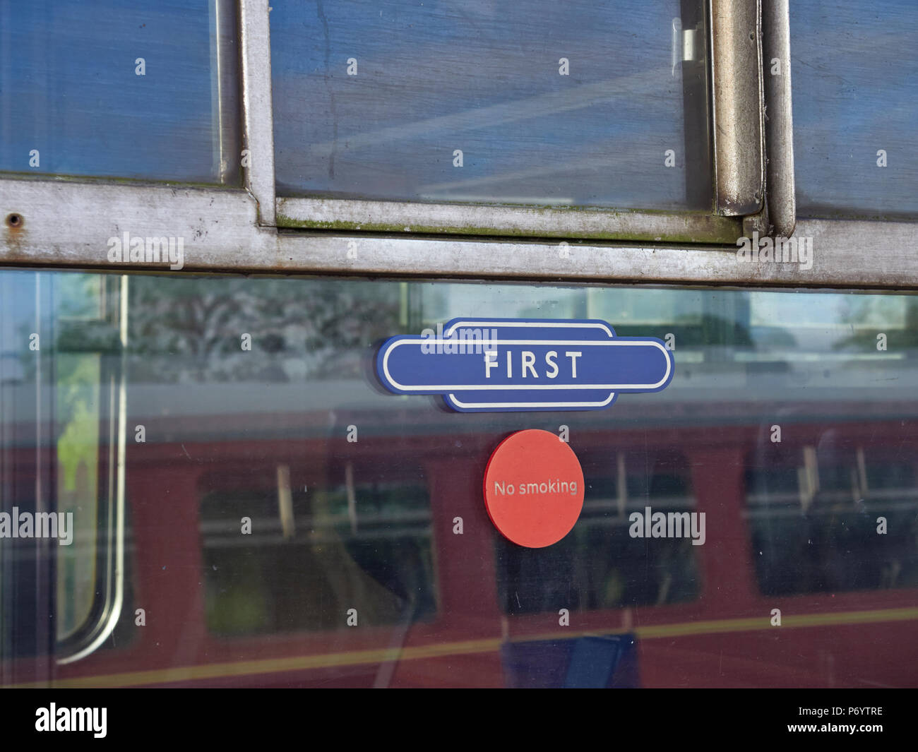 Detail of the signs on a British Rail first class Railway carriage at ...