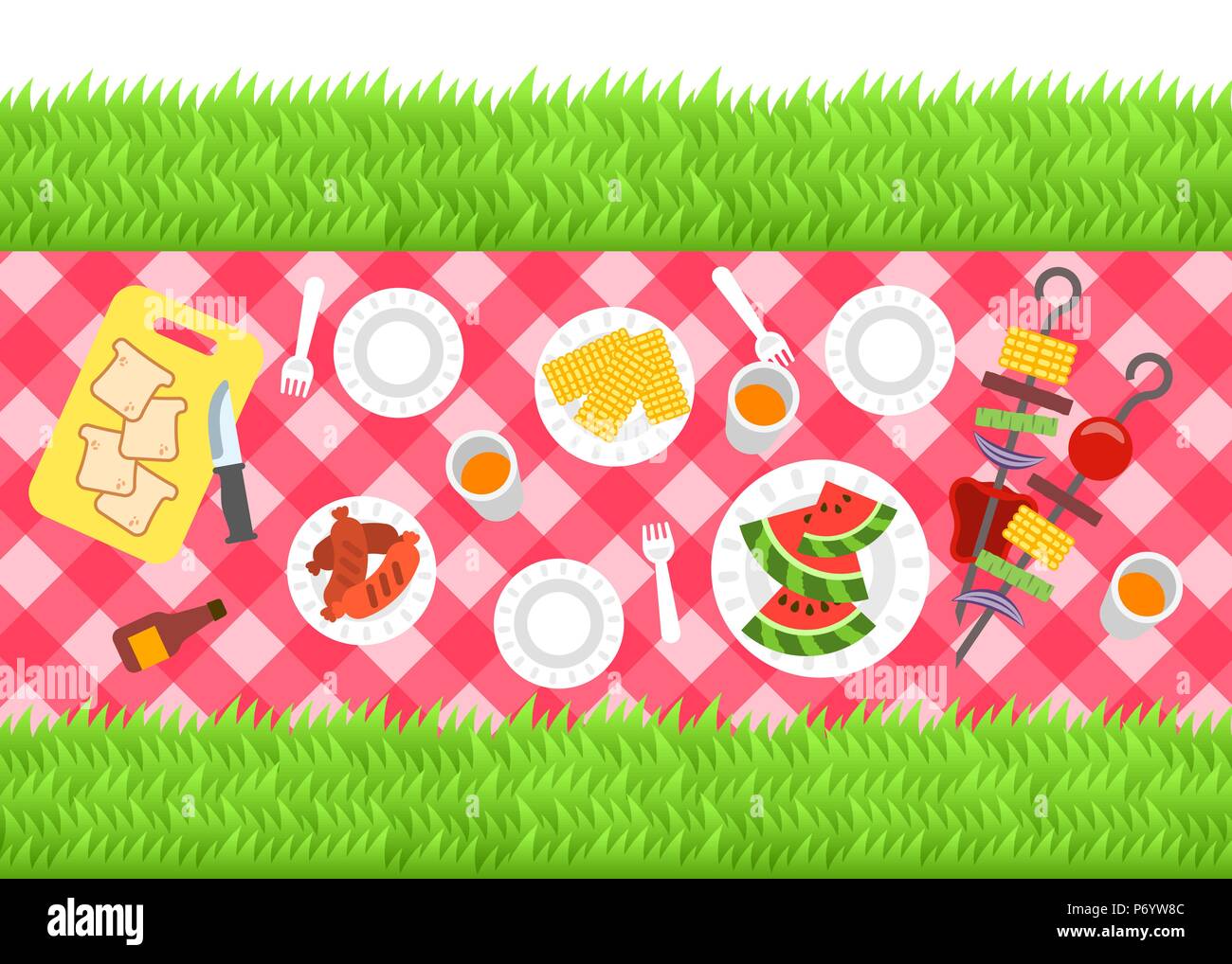 Summer barbecue picnic background. Vector flat illustration. Outdoor ...