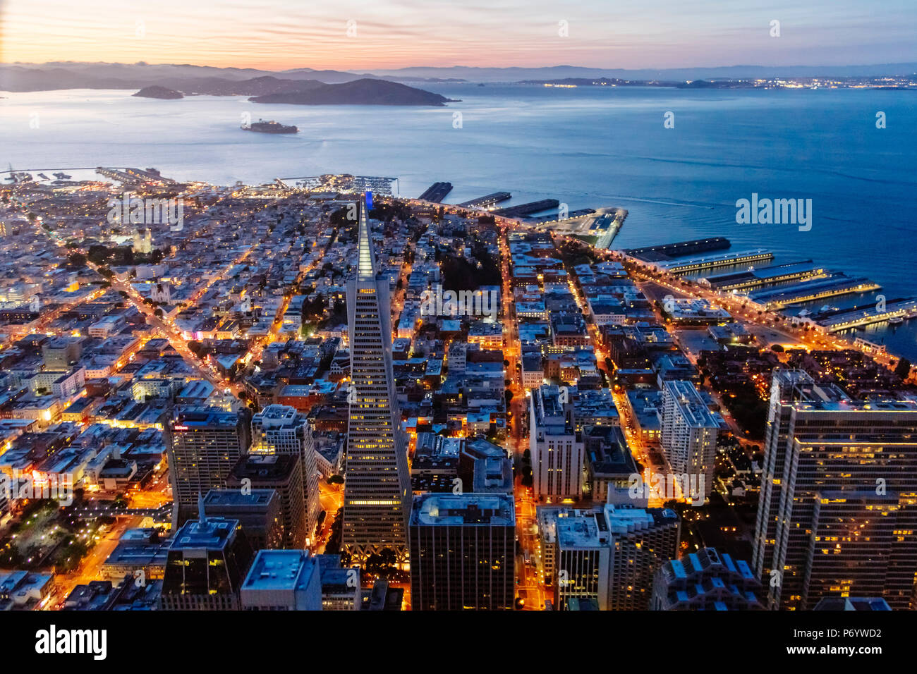 Aerial of downtown district at sunset, San Francisco, California, USA ...