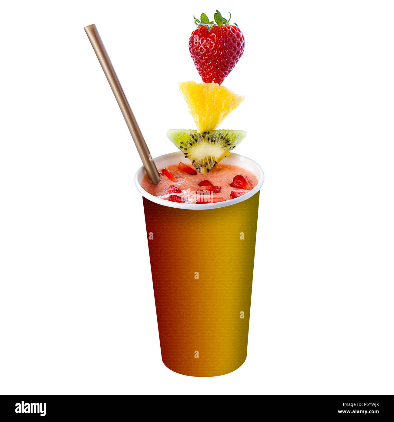 Strawberry milkshake with straw garnished with fresh fruit isolated ...