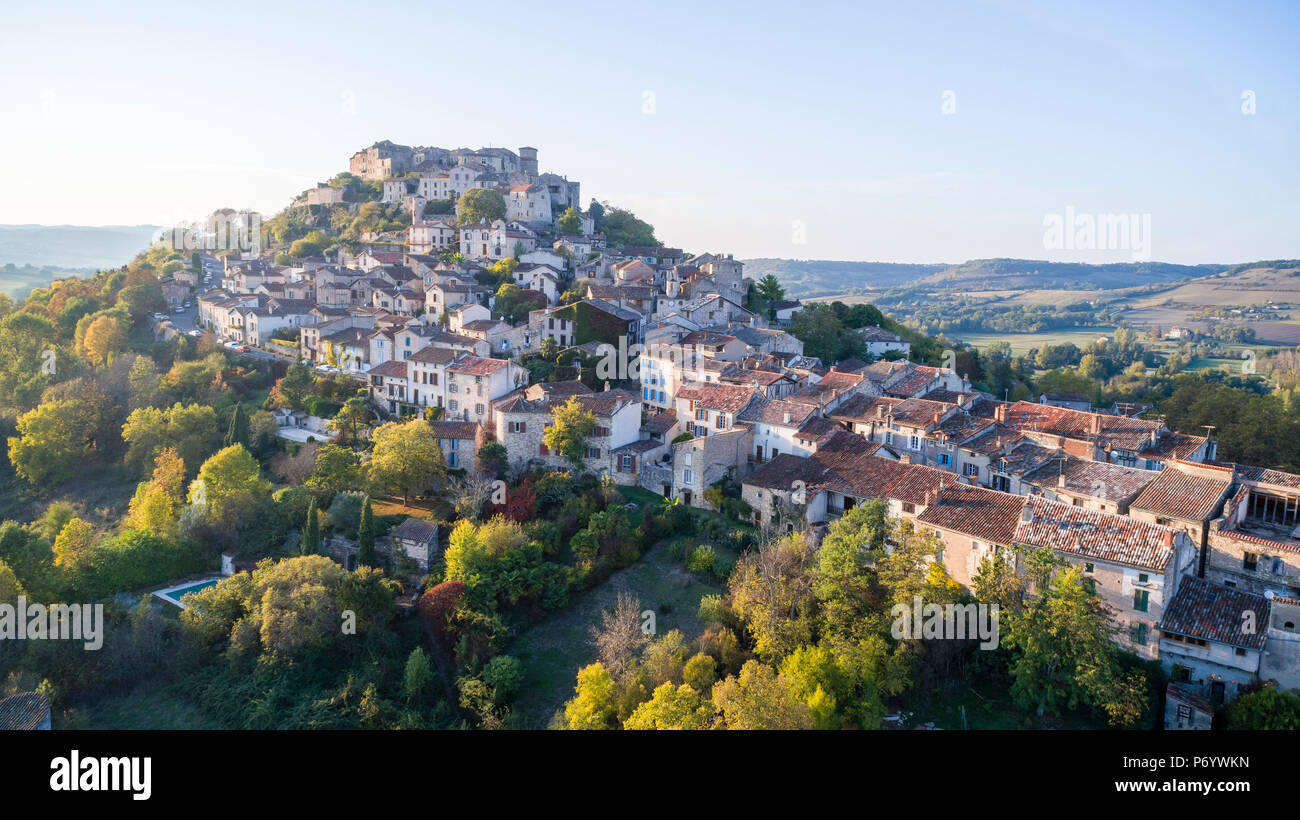 France, Tarn, Cordes sur Ciel, medieval village (aerial view) // France ...