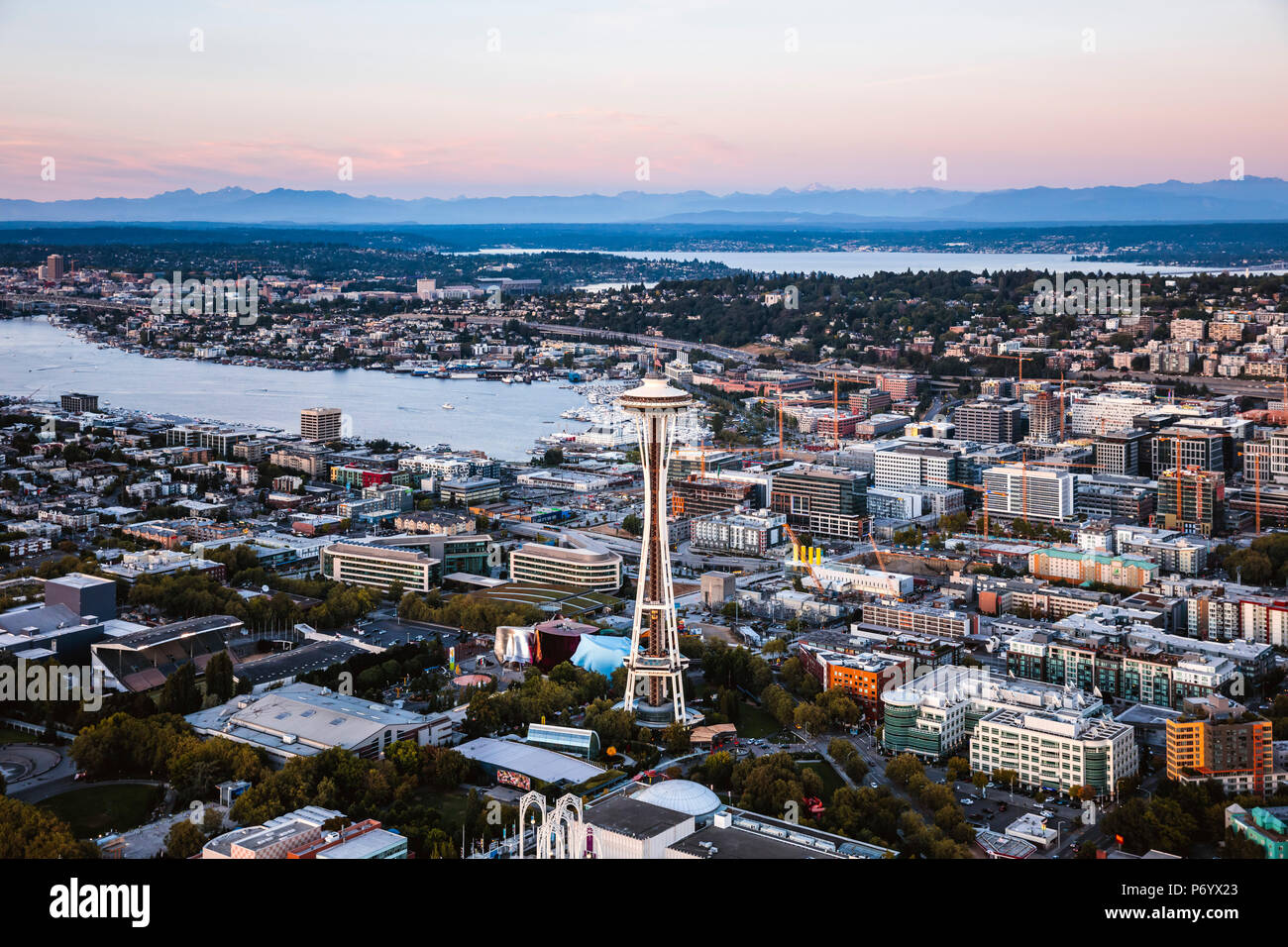 Aerial view of the Space Needle at sunset, Seattle, Washington, USA ...