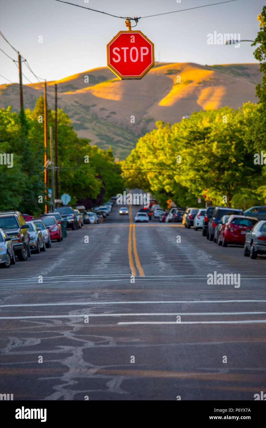 Hanging stop sign in Salt Lake Stock Photo - Alamy