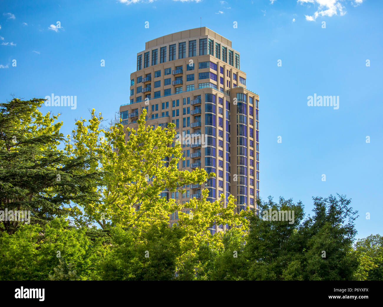 High rise seen from Temple Square with foliage Stock Photo - Alamy