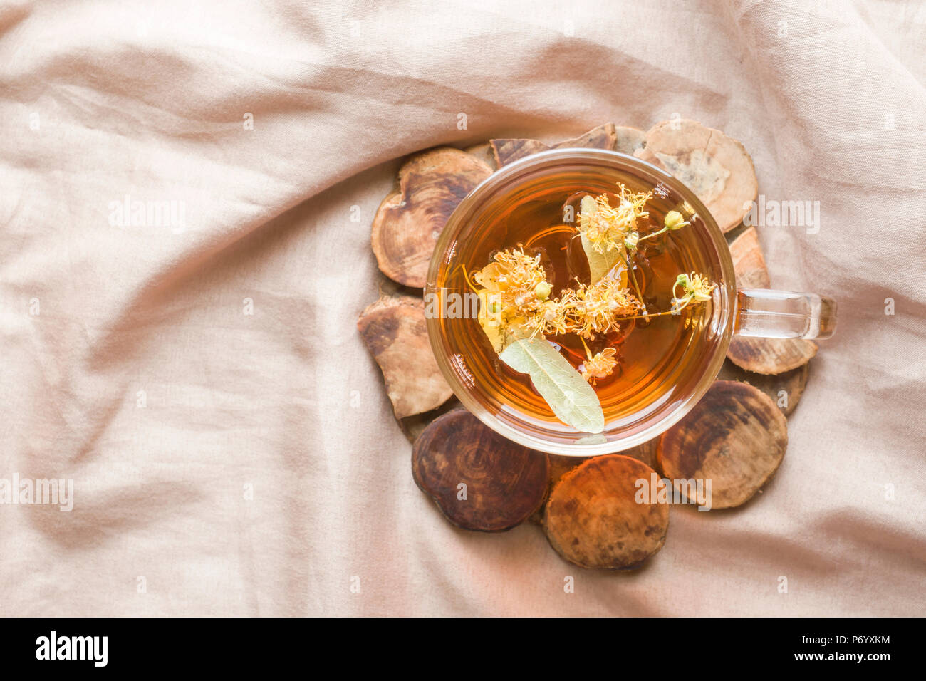 Tea with Linden. The tray on the bed, the Concept of the treatment of ...