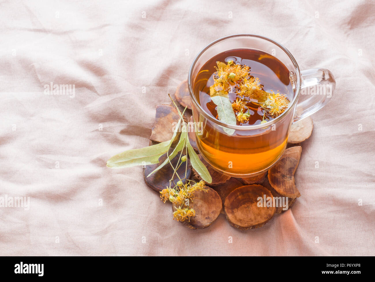 Tea with Linden. The tray on the bed, the Concept of the treatment of ...
