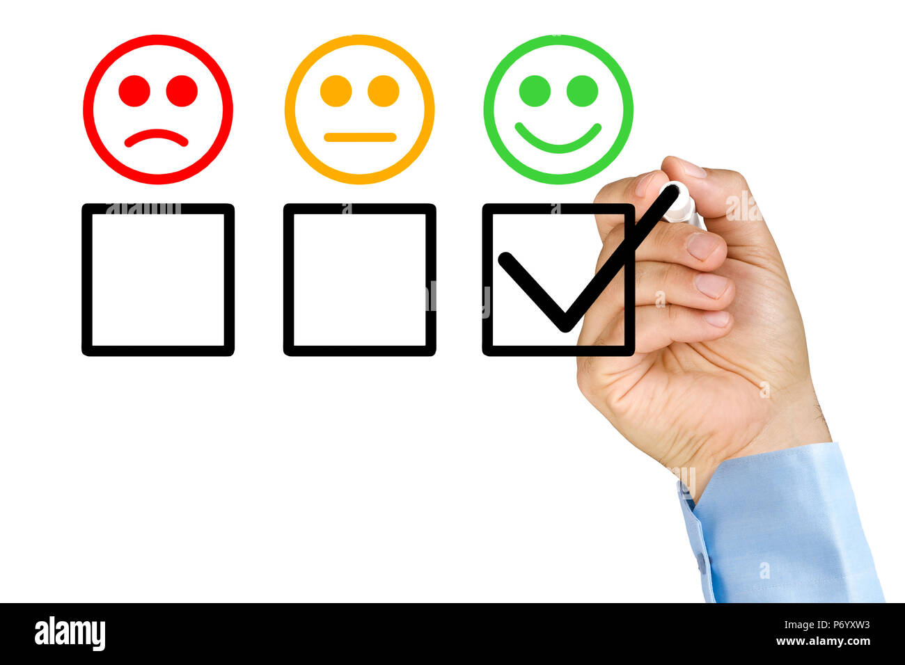 Hand putting check on customer service evaluation form Stock Photo - Alamy