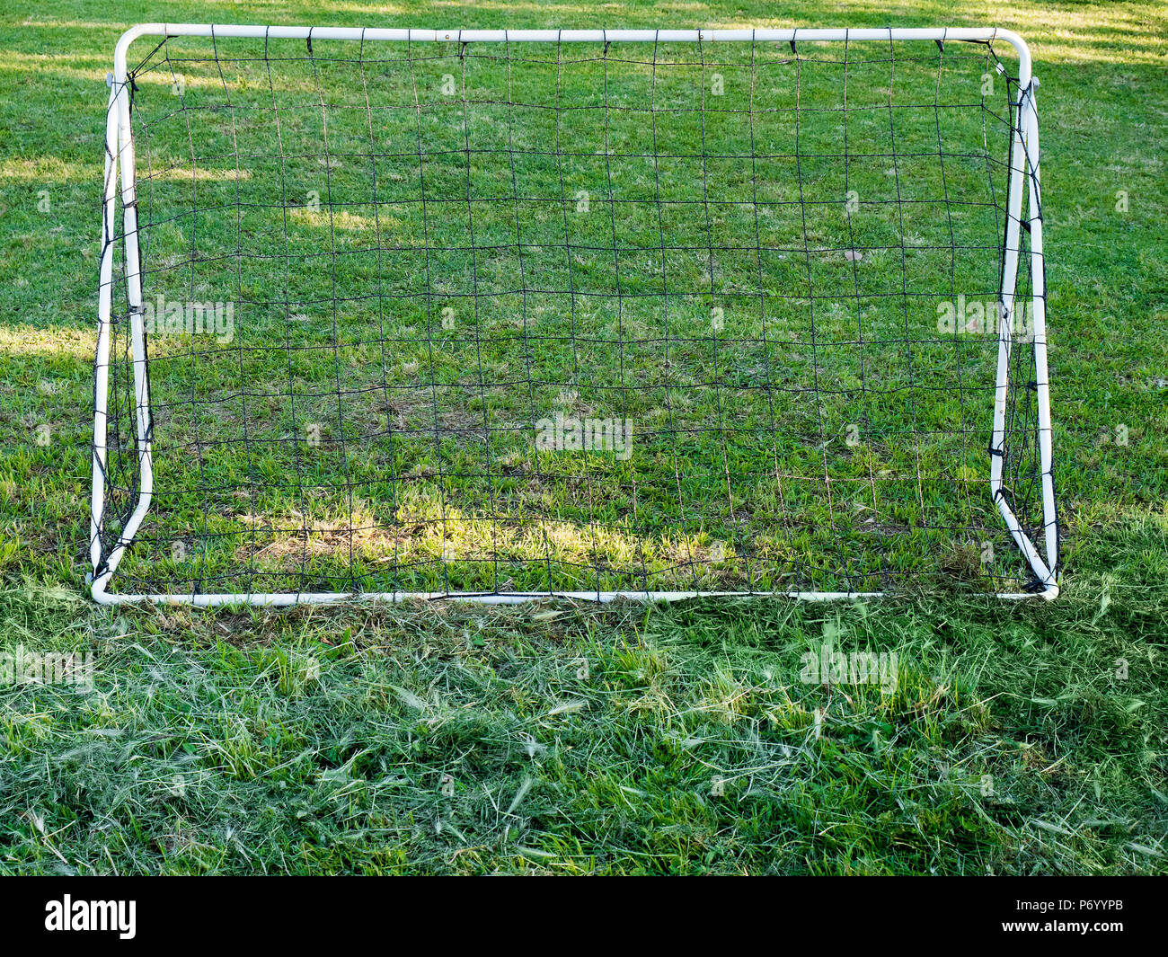 Soccer goal and net in green stadium Stock Photo - Alamy