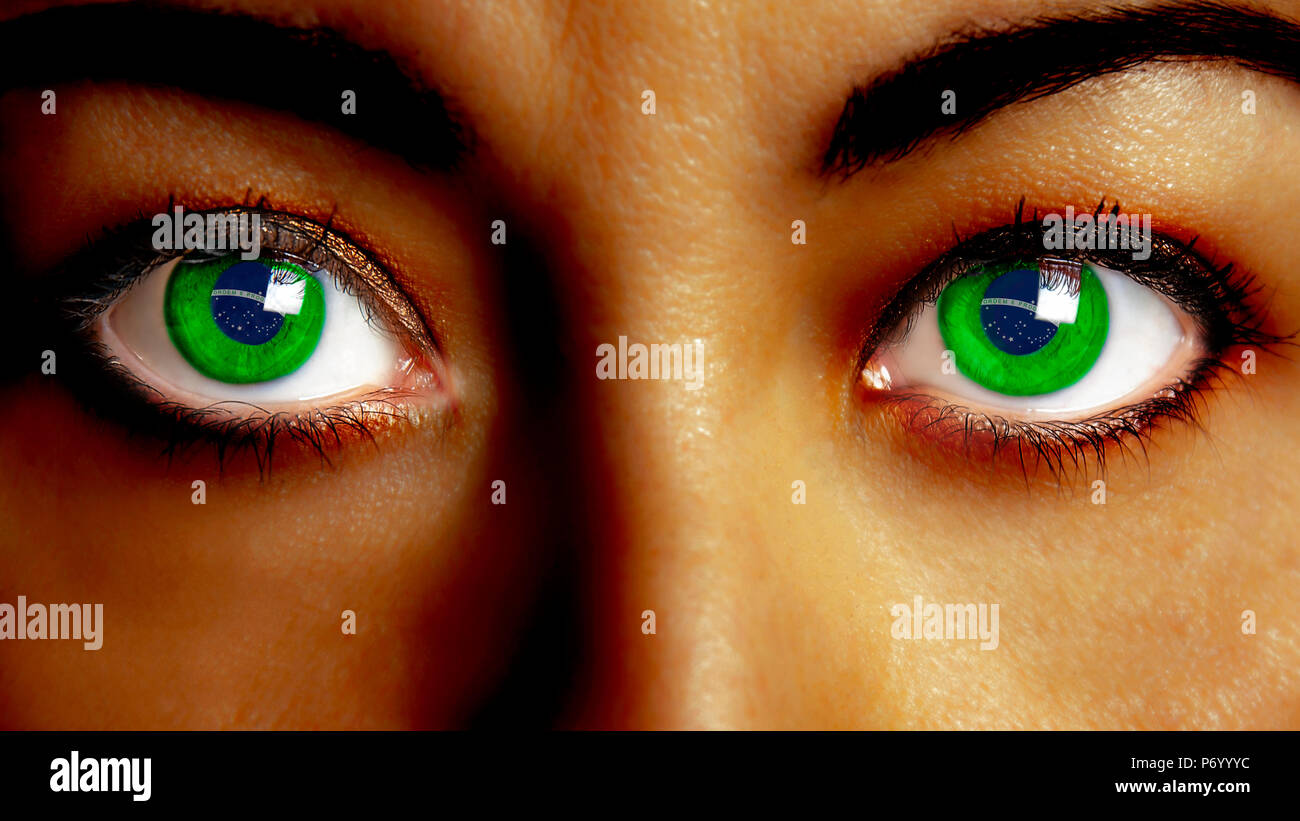 Closeup of woman face with brazil flag on eyes Stock Photo - Alamy