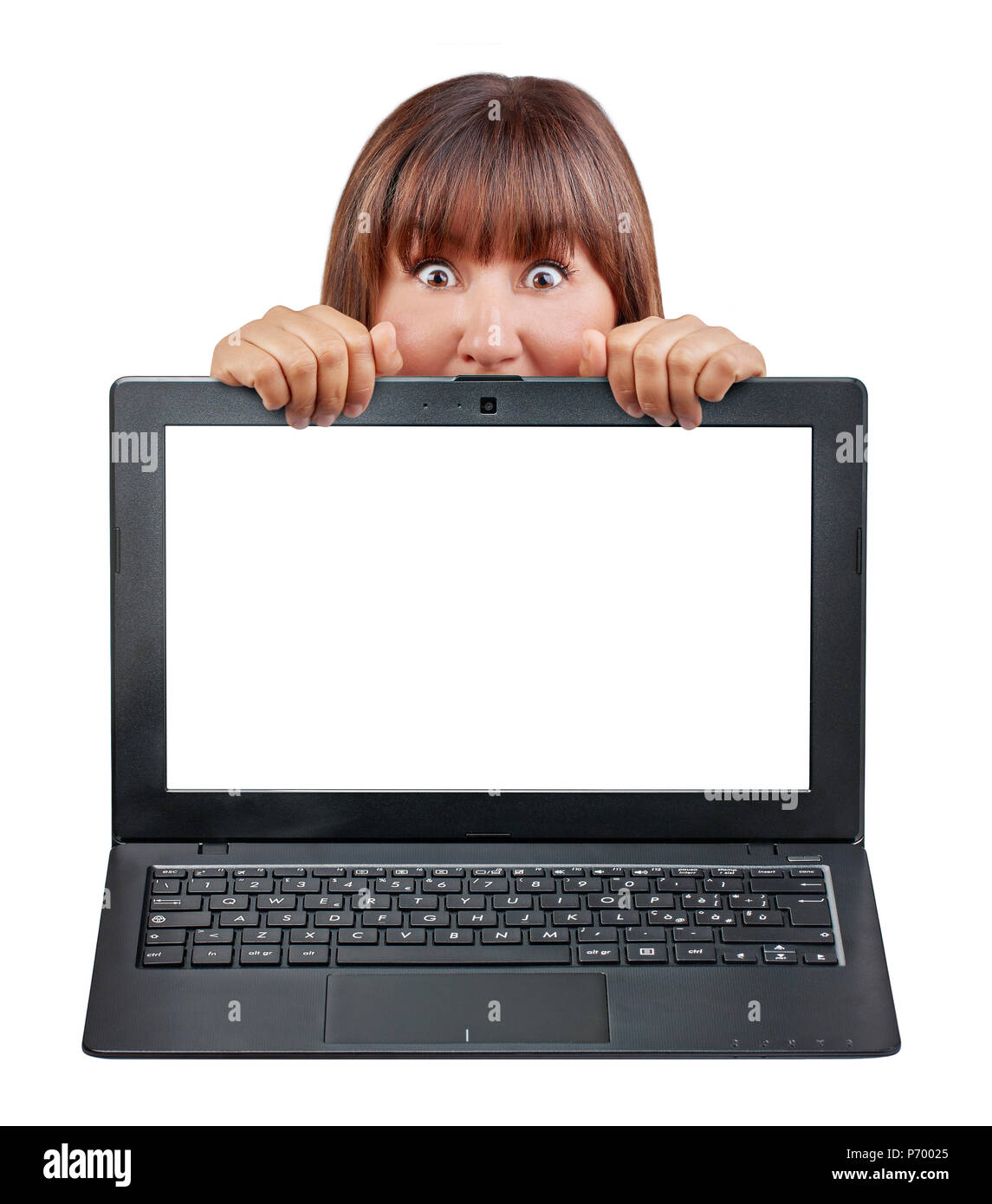 Woman behind laptop surprised scared isolated Stock Photo - Alamy