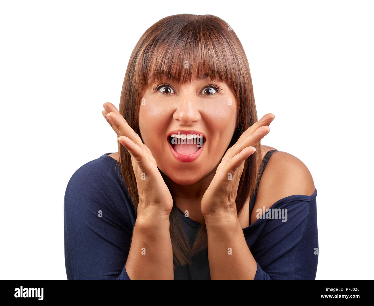 Woman screaming looking surprised and amazed isolated Stock Photo - Alamy