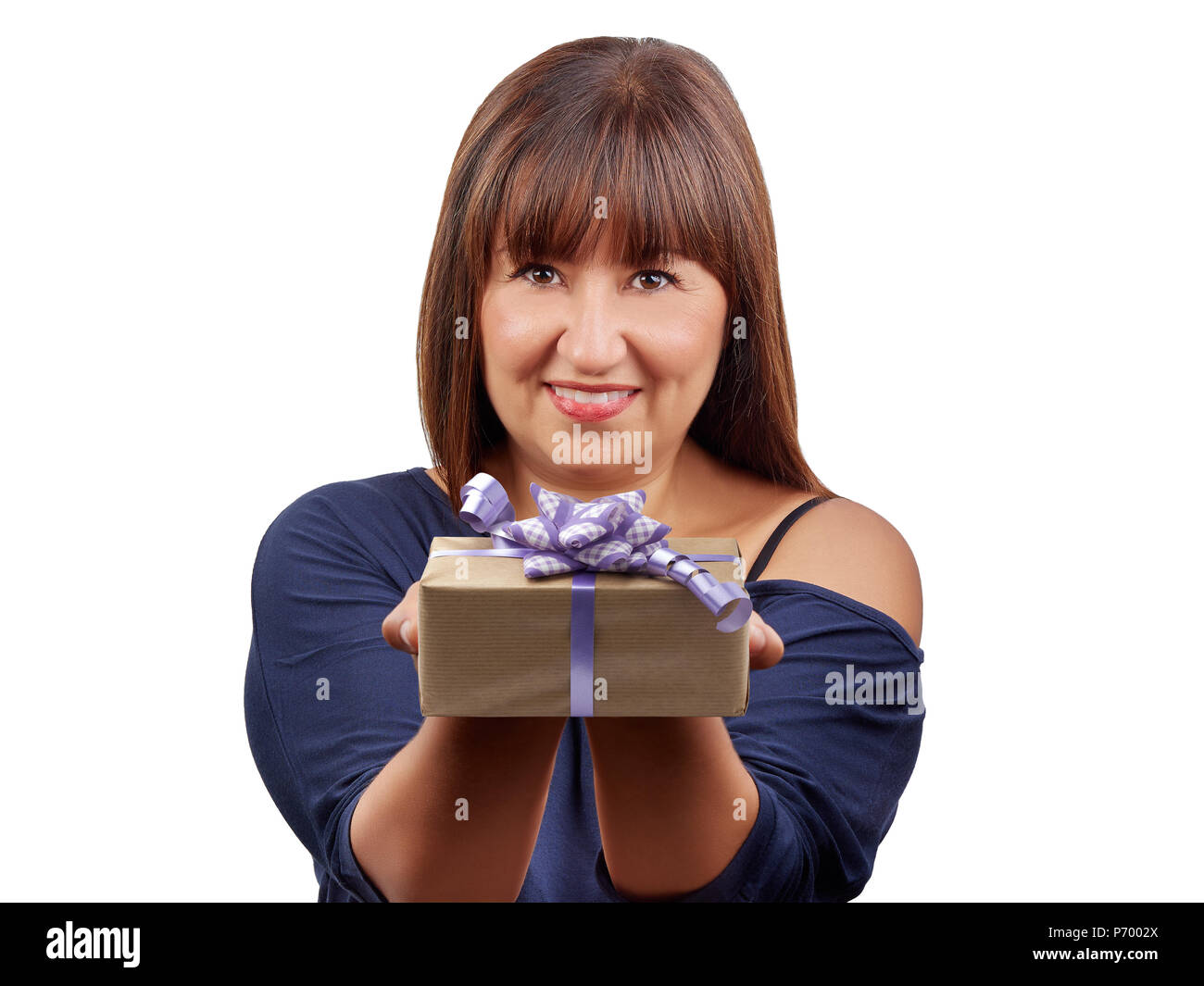 Beautiful brunette woman giving giftbox isolated Stock Photo - Alamy
