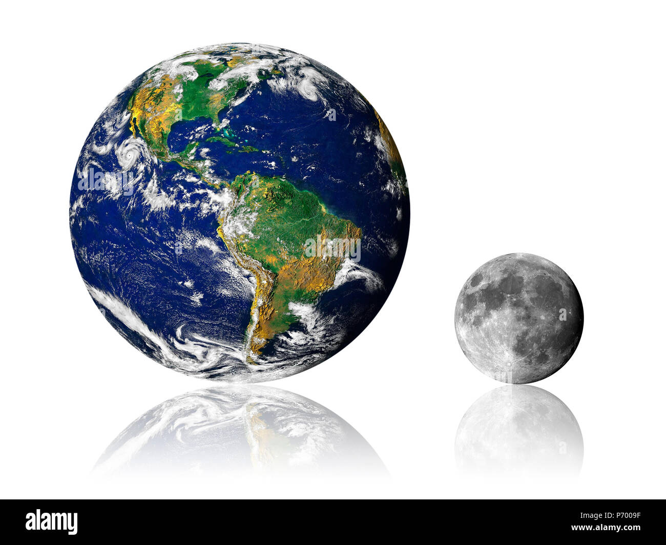 Earth and Moon with reflection on white background. Earth image ...