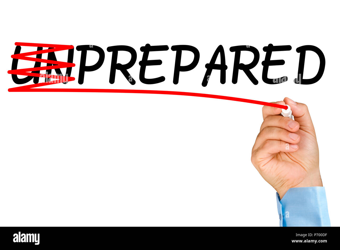 Businessman hand turns unprepared text into prepared Stock Photo - Alamy