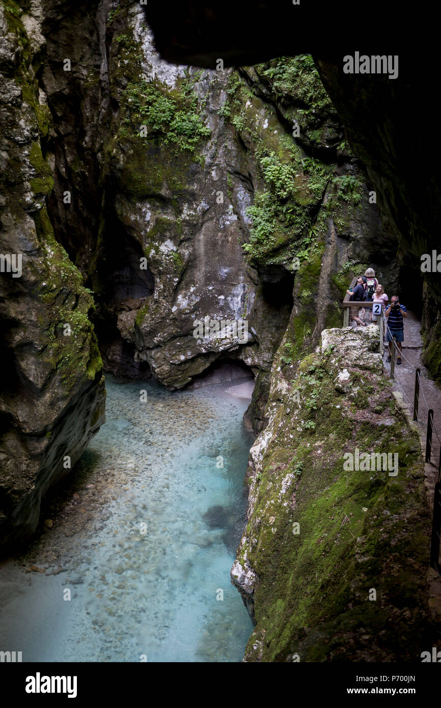 The rocky gorge in the river Tolminka river at Tolminska Korita, on ...