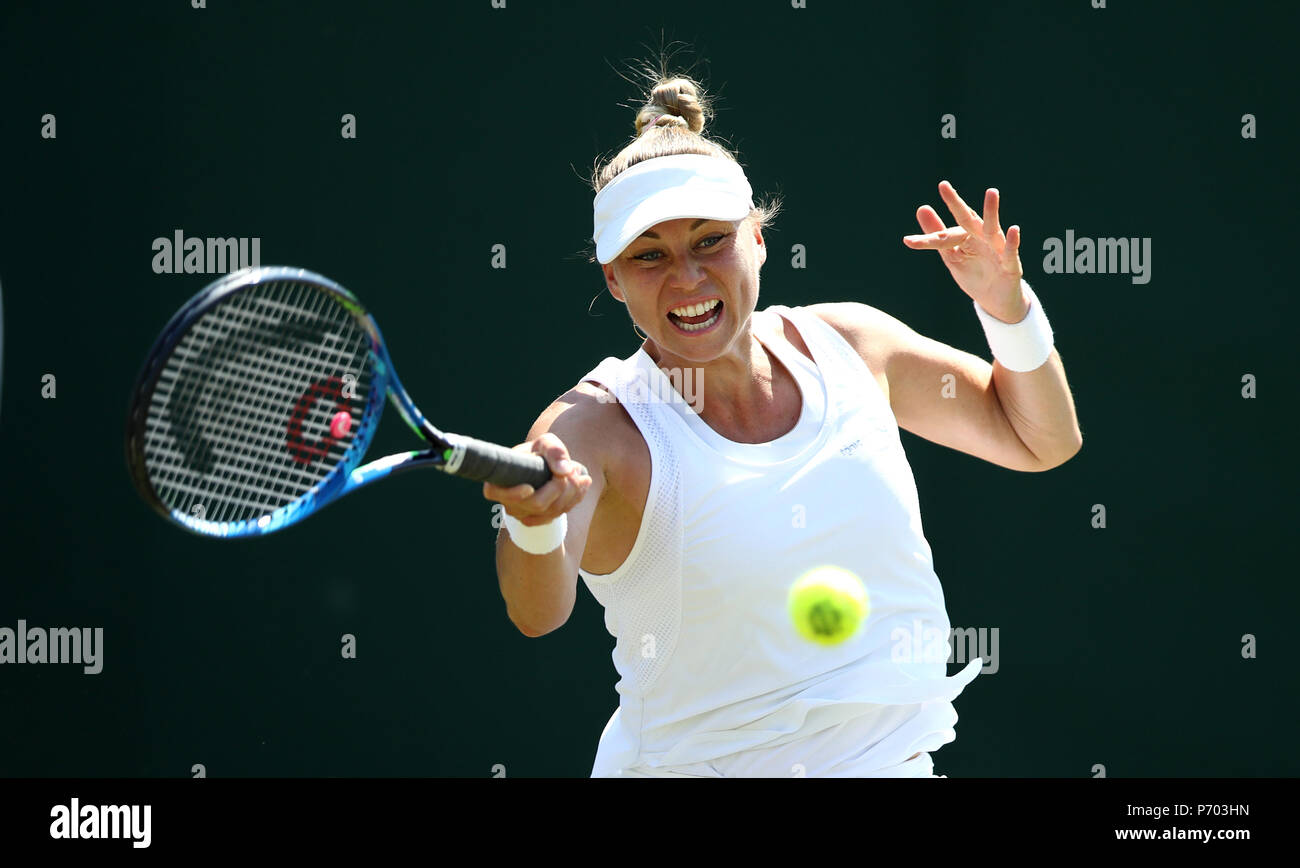 Vera Zvonareva in action on day two of the Wimbledon Championships at ...