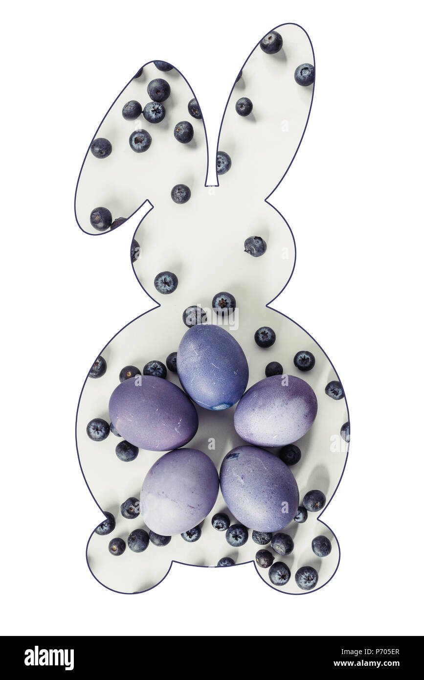 easter bunny symbol with painted eggs and blueberries isolated on white ...