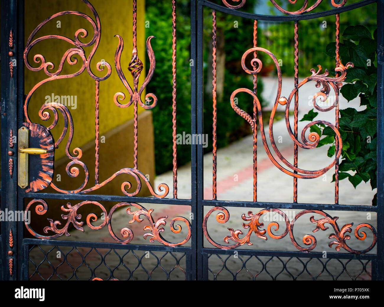 wrought-iron gates, ornamental forging, forged elements close-up Stock ...