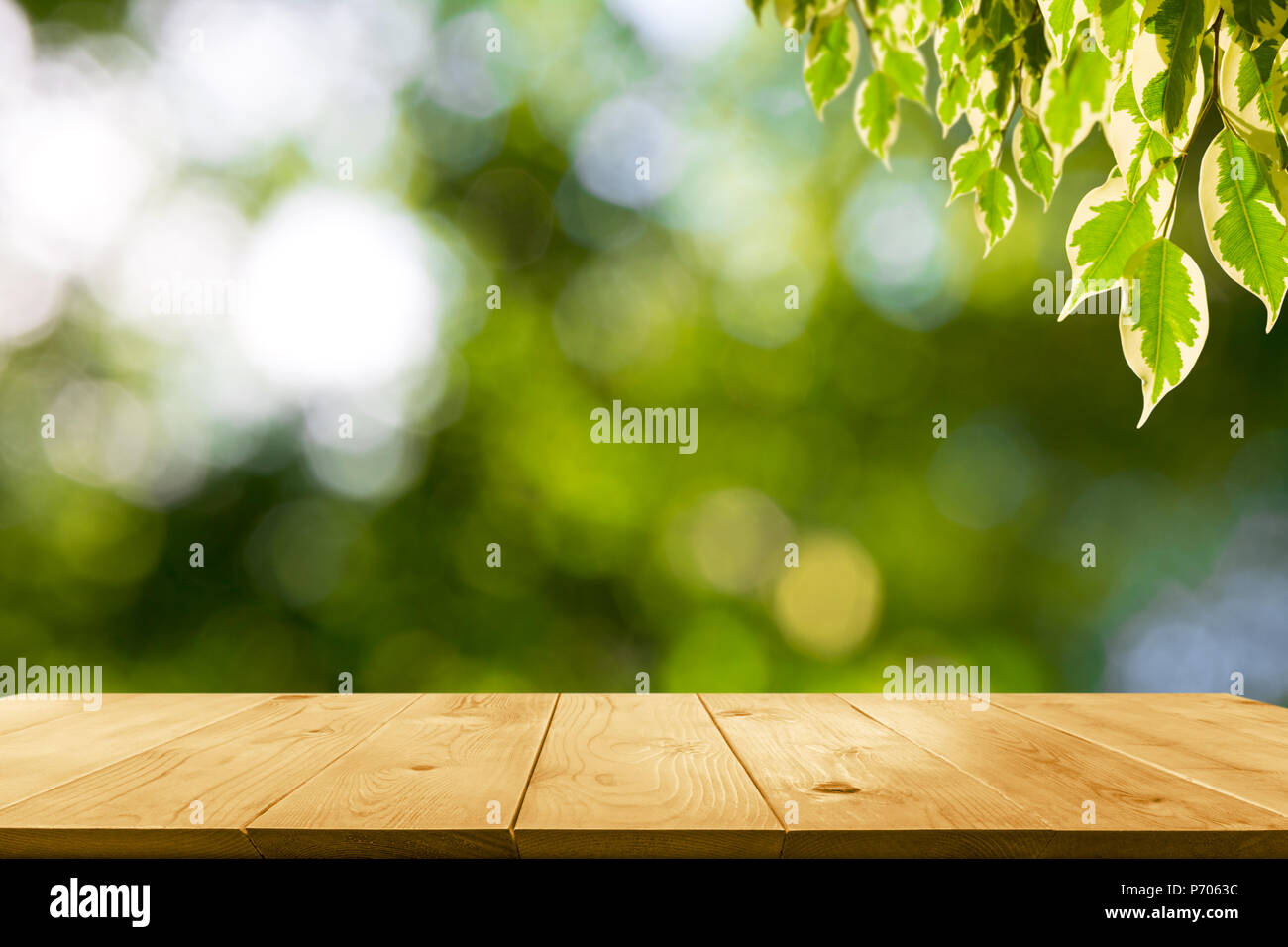 The wooden table with leaves on nature background and copy space for ...