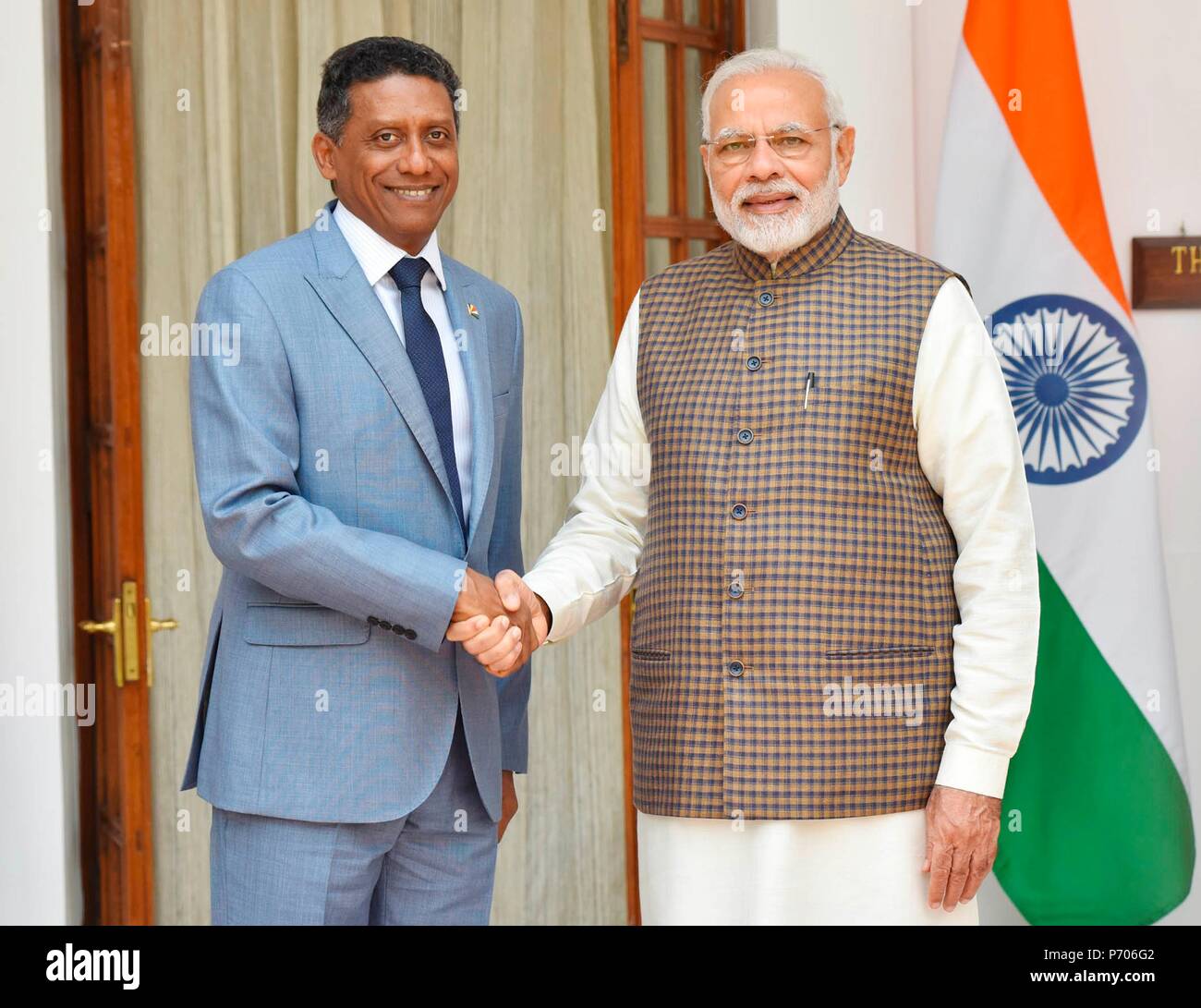 Indian Prime Minister Narendra Modi, right, welcomes Seychelles ...