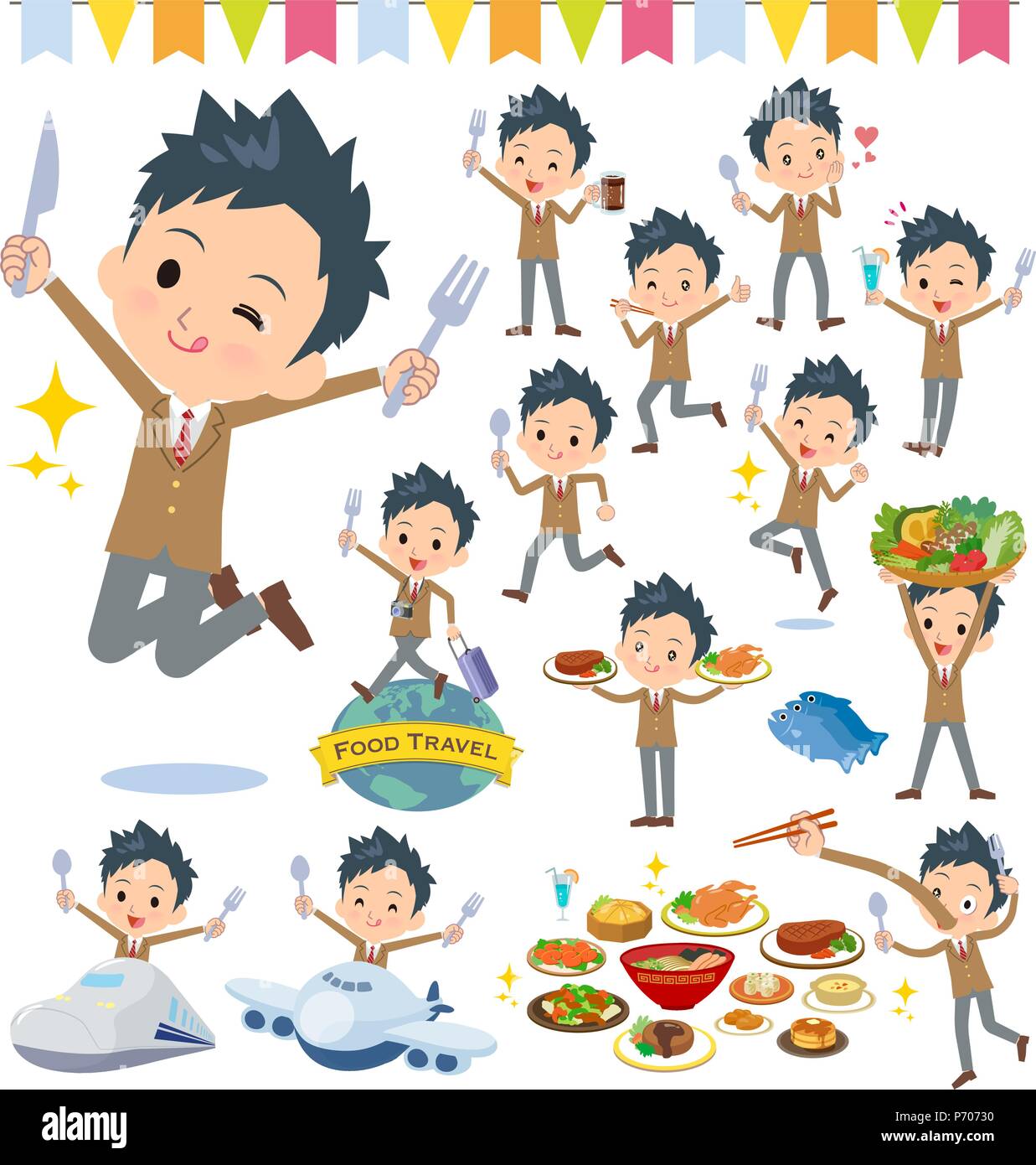 A set of School boy on food events.There are actions that have a fork ...