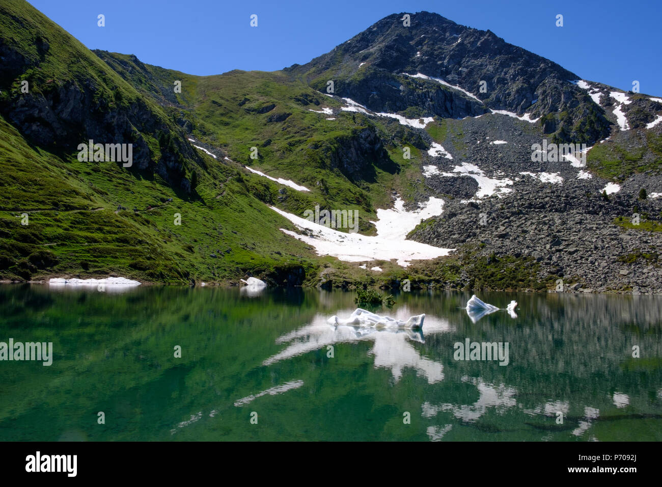 Summer landscape at Lake Chamolé. Champoluc, Aosta Valley. Italian alps ...