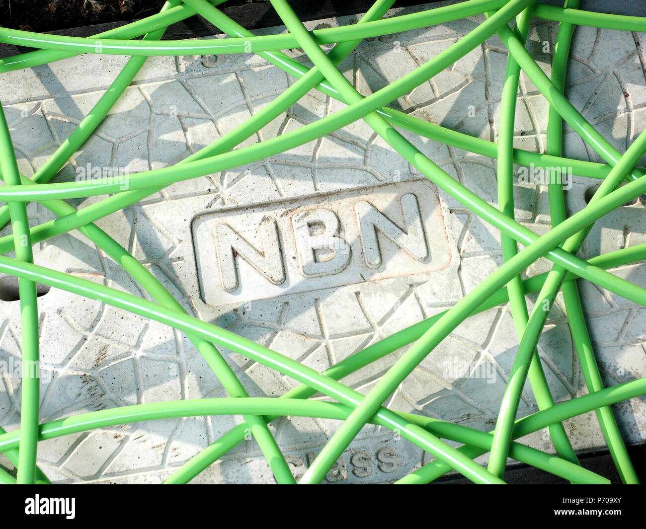 Melbourne, Australia - May 14, 2018: Green NBN fibre optic cable in a ...