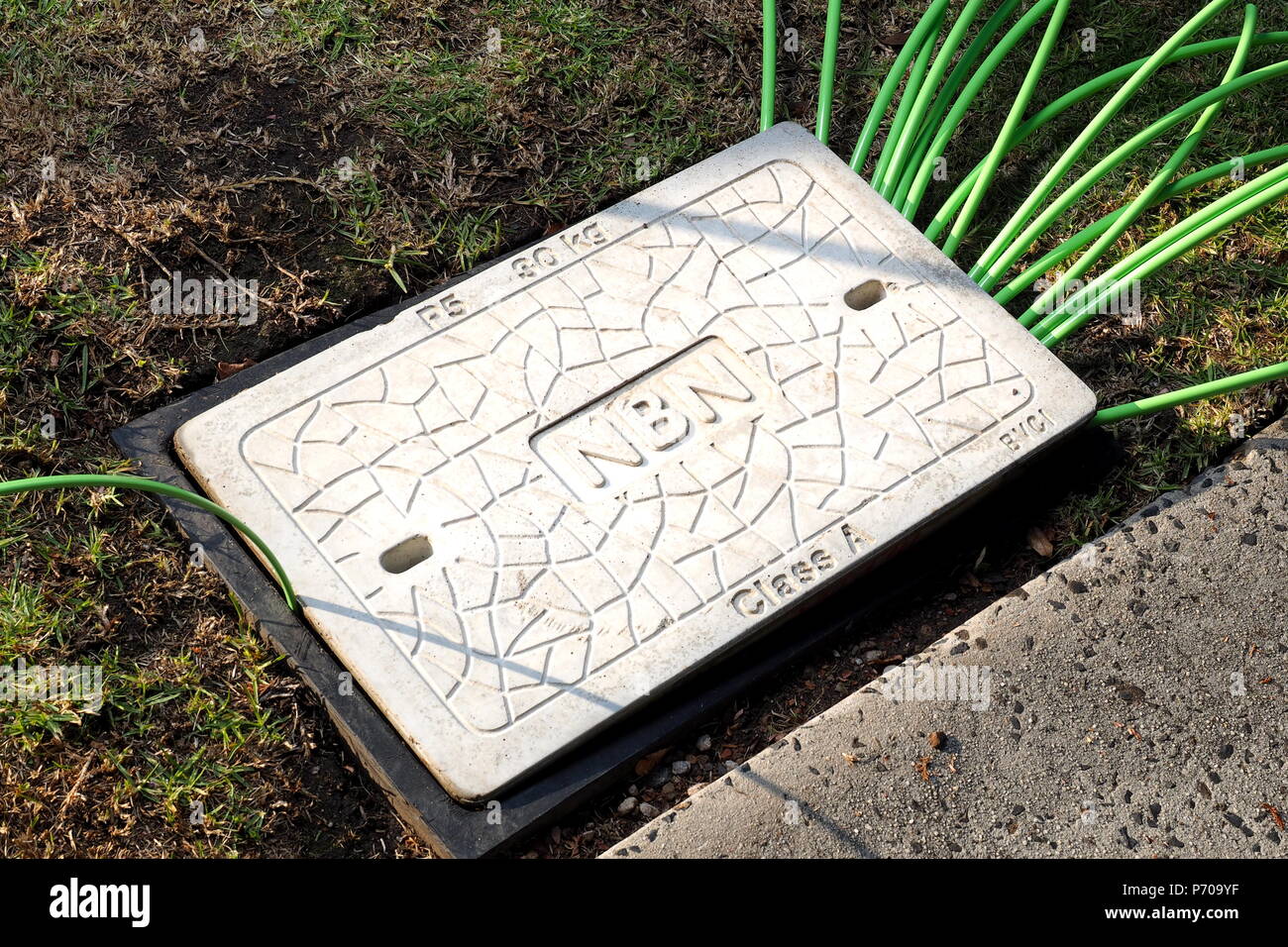 Melbourne, Australia - May 14, 2018: Pit with a concrete man hole cover ...