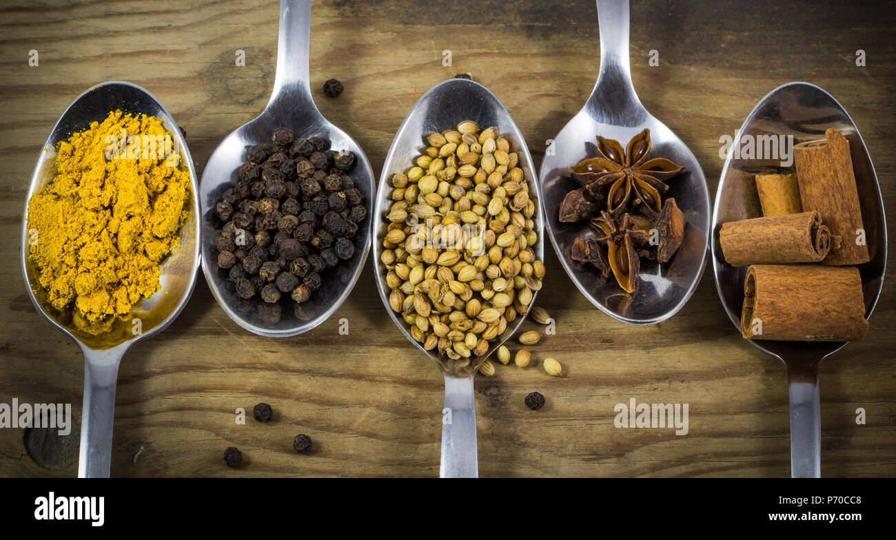 spices in spoons on wooden in white background. Food ingredients spices ...