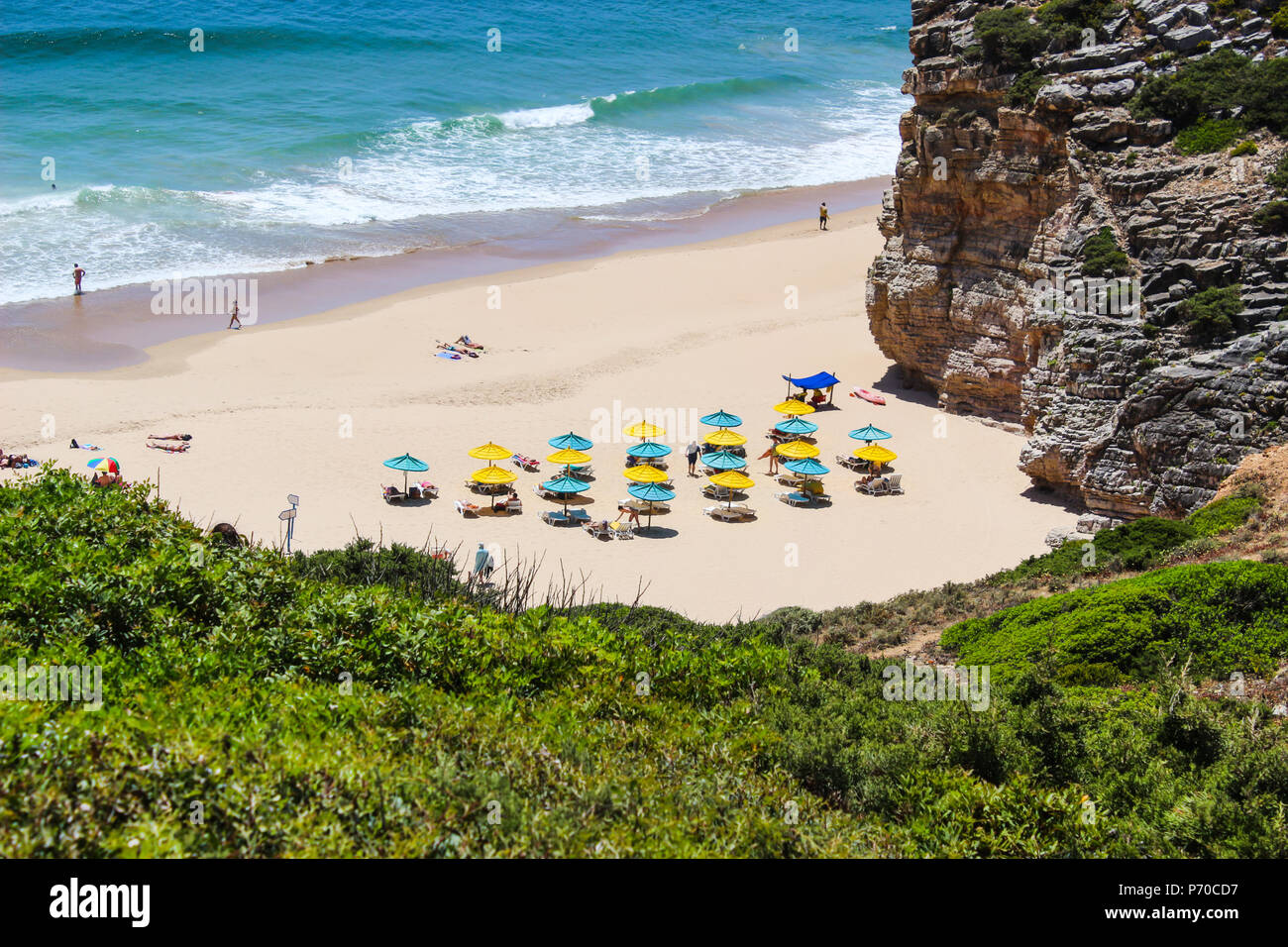 Top view sea atlantic beach with tourist people and umbrella ...